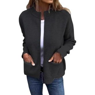 Generic Veste tricot&eacute;e &agrave; col rond avec poches, pull &agrave; fermeture &eacute;clair solide pour femme, cardigan en tricot zipp&eacute; ouvert sur le devant, Noir, 5XL