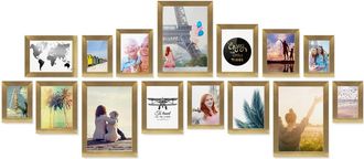 Photolini Bilderrahmen Set Gold, Fotorahmen Holz MDF, 15er Bilderrahmenset Wand Collage, photo frames for wall mit Acrylglas aufhängen, goldene Bilderrahmen Set