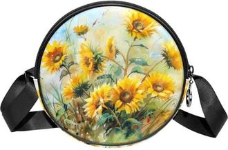 Generic Petit sac &agrave; bandouli&egrave;re circulaire pour femme, motif tournesols aquarelle, petit sac &agrave; dos &agrave; bandouli&egrave;re avec fermeture &eacute;clair, bretelles r&eacute;glables, s