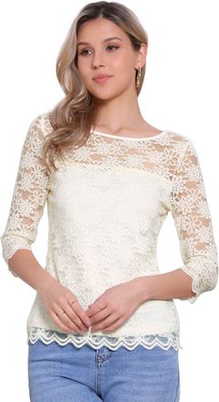 Allegra K Damen Top mit Blumen Spitzen 3/4-&Auml;rmel Rundhals L&auml;ssig Elegant Spitzenbluse Aprikose XL