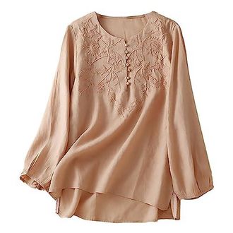 Generic Haut &agrave; manches longues d&eacute;contract&eacute; en coton et lin avec broderie florale vintage pour femme - Chemises chinoises d&eacute;t&eacute; boh&egrave;me confortables, rose, XXL