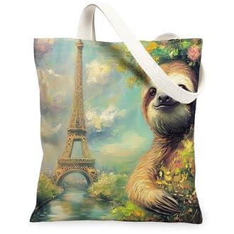 Generic Sac fourre-tout en toile motif paresseux printanier 33 x 38,1 cm, tour romantique, sac d&eacute;picerie r&eacute;utilisable pour femme, motif animal, peinture de vo