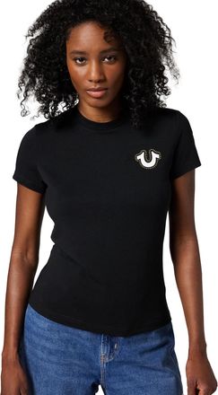 True Religion Damen Buddha Face Short Sleeve Crew Tee T-Shirt, Jet Black, S