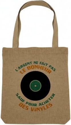 Fabulous Sac Shopping Tote Bag Aspect Lin - Vinyles - Largent ne Fait Pas le Bonheur R&eacute;tro Musique Sac de Courses Toile Epaisse 360g Beige Naturel Cabas Port&eacute; 
