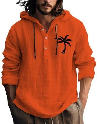 Generic Chemise en lin pour homme - Manches longues - Avec capuche - Confortable et respirante - Chemise &agrave; manches longues - Boutonni&egrave;re - Chemise d&eacute;t&eacute; surdim