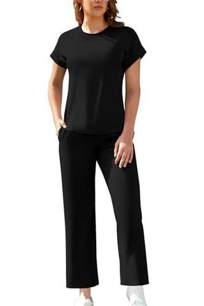 SHEKINI Surv&ecirc;tement pour femme - Manches courtes - Col rond - Couleur unie - Deux pi&egrave;ces - Tenue d&eacute;contract&eacute;e avec poches, Noir, XXL