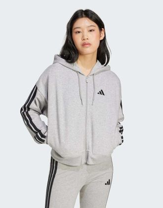 adidas Essentials - Sweat à capuche zippé en tissu éponge à 3 bandes - Gris chiné moyen/noir
