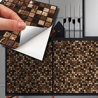 Walplus 120 Stück 15x15cm Metallischer brauner Marmor Mosaik Brown Aluminium Folie Wandfliesen Aufkleber Abziehen und Kleben Backsplash Abziehbilder Startseit