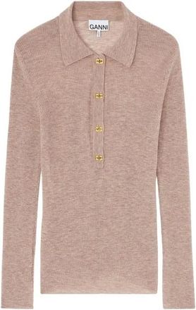 Ganni Femme, Pulls, Brun, Taille: 42 FR Sheer Wool Ribbed Polo