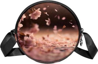 Generic Petit sac &agrave; bandouli&egrave;re rond pour femme, motif fleurs de cerisier avec fermeture &eacute;clair, bretelles r&eacute;glables, sac &agrave; main rond d&eacute;contract&eacute; pour femmes 