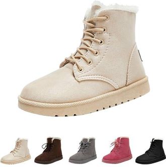 Generic Bottes de neige mi-mollet doublées de fourrure pour femme - Coupe large - Bout rond - Cuir souple - Chaussures plates à lacets - Légères et antidérapa
