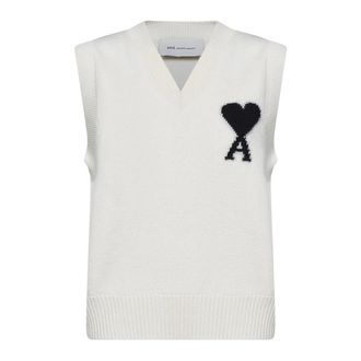 Ami Femme, Pulls, Blanc, Taille: 38 FR Maille sans manches col V c&ocirc;tel&eacute;e