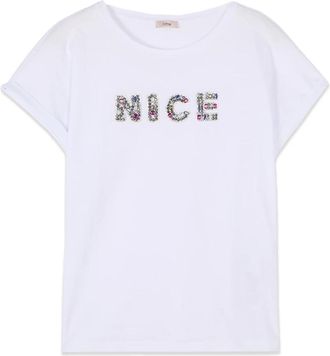 Oltre Femme, Tops, Blanc, Taille: 44 FR T-Shirt en Coton avec Patch Bijou