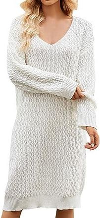 Generic 2025-Robe Mi Longue Femme Pull- Robe Sexy Manche Longue Tricot Ample Torsadée De Style Paresseux Droit Couleur Unie Casual Chic Et Élégants Confortabl