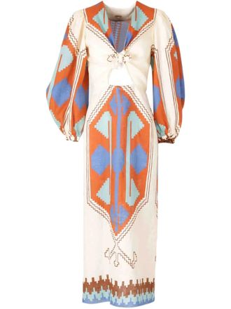 Johanna Ortiz robe mi-longue en lin à imprimé graphique - Tons neutres