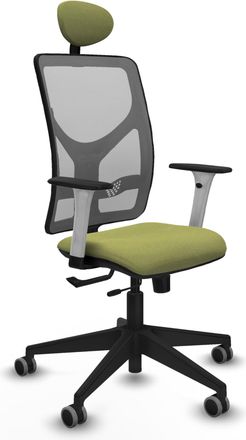 Piqueras y Crespo B&uuml;rostuhl mit wei&szlig;en und schwarzen Armlehnen, h&ouml;henverstellbare Lendenwirbelst&uuml;tze und festes Kopfteil, ausgestattet mit Syncro/Traslack. Grau/Olivgr&uuml;