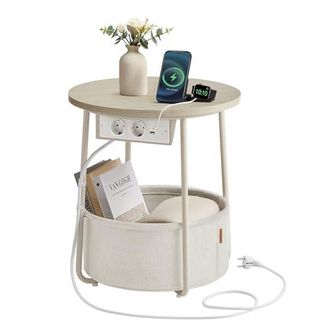 Vasagle Petite Table Basse Ronde, Table dAppoint avec Panier en Tissu et Multiprise, Rangement, pour Salon, Chambre, Style Moderne, Beige Naturel et Blanc Cr&egrave;