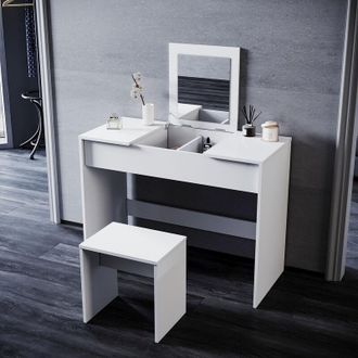 Sonni Schminktisch Kosmetiktisch mit Hocker und Klappspiegel 100x45x76cm Moderner Schminktisch wei&szlig; mit versteckten Schubladen Hochglanz Tischplatte - Sonni