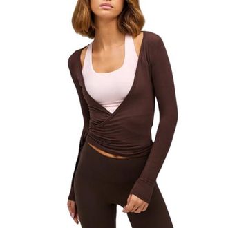 Generic Haut enveloppant &agrave; manches longues pour femme, chemise de yoga, haut de ballet &agrave; manches longues, haut de ballet &agrave; nouer pour danse, caf&eacute;, S