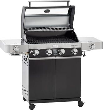 R&ouml;sle Gasgrill BBQ-Station VIDERO G4-S Schwarz, Grill mit 4 Edelstahlbrennern, extra Primezone und Seitenbrenner, klappbare Seitentische, VARIO+, pulverbesc
