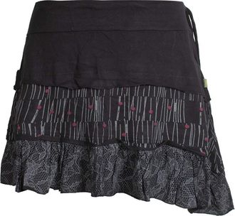 vishes Alternative Bekleidung - Asymmetrischer Damen Baumwollrock mit R&uuml;schen Taschen und Bl&uuml;mchen schwarz 46-48