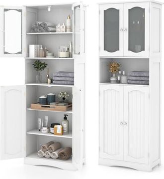 Giantex Armoire de Salle de Bain Haute, Portes en Verre Trempé, Etagères Réglables à 3 Positions, Kit Anti-basculement, Meuble Rangement pour Salle de Bain, S
