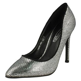 Spot On Escarpins &agrave; talon haut et bout pointu pour femme Motif serpent, Argent&eacute;., 38 EU