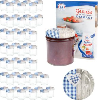 MamboCat 50er 350 ml Sturzglas-Set | Einmachgläser + Twist-Off-Deckel Holz-Herz blaukariert + GRATIS Rezeptheft | einkochen & konservieren | Vorratsgläser | ba