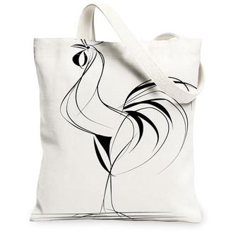 Generic Sac fourre-tout moderne et minimaliste en toile, motif coq &eacute;l&eacute;gant, sac d&eacute;picerie r&eacute;utilisable, l&eacute;ger et lavable avec bandouli&egrave;re, blanc, 13x15 Inch