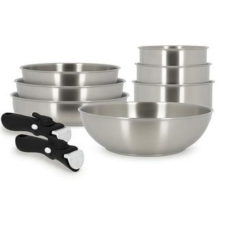 Menastyl Cuisson Batterie de cuisine inox 18/10 amovible 9 pièces Iris Inox sans PFAS - Tous feux dont induction, four, réfrigérateur et lave-vaisselle - Empilable et 