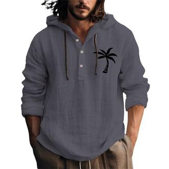 Generic Chemise en lin pour homme - Coton et lin - Sweat &agrave; capuche - Boutonni&egrave;re - Manches longues - Sweat-shirt l&eacute;ger et respirant - Chemise d&eacute;t&eacute; surdimensio