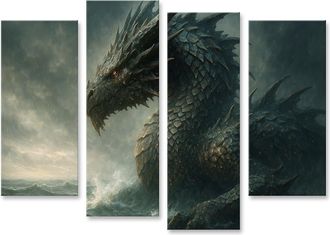 Islandburner Wandbild auf Leinwand Drachen Kunstwerk &uuml;ber st&uuml;rmischer See - Fantasy Dekoration - 4-teilig