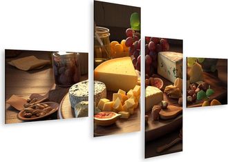 Islandburner Bild auf Leinwand Rustikale K&auml;seplatte Frisches Obst Wein K&uuml;chenbild f&uuml;r K&uuml;che Bilder Wandbilder Poster JEKL-4LP