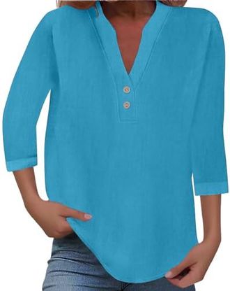 Generic Tunique Ete Femme Manches 3/4, Tee Shirt Grande Taille Col en V Top Chic Et élégant Couleur Unie Haut Tendance Basiques Léger Fluide Chemise pour Plag