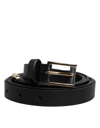 Dolce & Gabbana Mens Black Calfskin Classic Metal Logo Buckle Belt Calf Leather