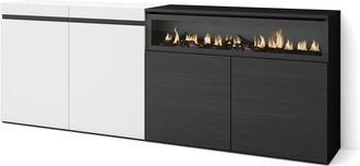 Skraut Home Skraut Home - Buffet salon et cuisine, Meuble de Rangement, Commode, 200x75x35cm, 4 Portes, Cheminée électrique, Style moderne, Blanc et noir