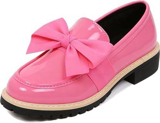 Generic Mocassins en cuir verni avec noeud - Large largeur - Talon bloc bas - Bout rond - Semelle &agrave; crampons - Chaussures habill&eacute;es pour le travail de bureau,