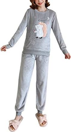 ORANDESIGNE Femme Ensemble de Pyjamas Animal Dessin Mignon Grenouillère Vêtement de Nuit Epaississement Automne Hiver Fleece Dames Polaire Costume Chaud Deux Pièc