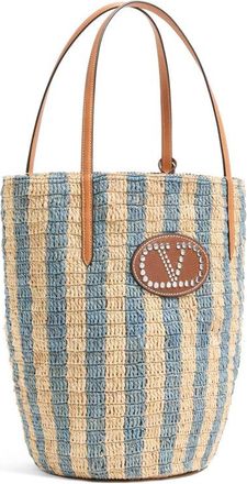Valentino Garavani Hand-Woven Raffia Striped Tote Bag - Blue