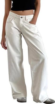 Generic Jean baggy taille basse pour femme style Y2K délavé droit jambe large boyfriend jean décontracté ample pour femme, blanc, XXL
