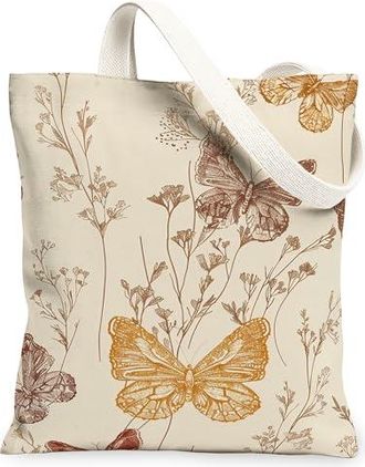 Generic Sacs fourre-tout en toile motif floral papillon, sacs d&eacute;picerie r&eacute;utilisables, vintage, l&eacute;gers, lavables, beige, 13x15 Inch