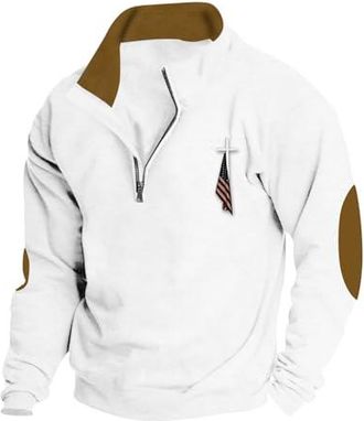 Generic Sweat-shirt rétro pour homme avec fermeture éclair, couleur unie, sweat-shirt ample extensible avec écusson elboe, vêtement dextérieur imprimé drapeau