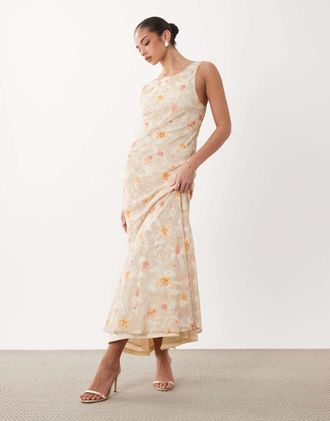 Gina Tricot Gina Tricot - Robe mi-longue drap&eacute;e au dos &agrave; imprim&eacute; fleurs - Neutre-Neutral