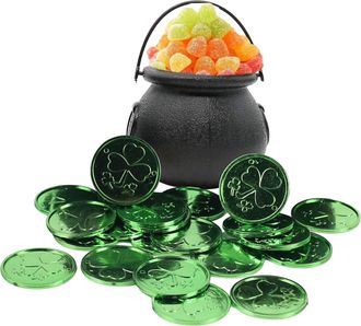 Generic Dekorativer schwarzer Kessel - Kesseltopf für St. Patricks Day, Bonbonhalter mit Griff | Kobold Kessel mit 50 -Münzen, Hexentopf für Partydekorationen