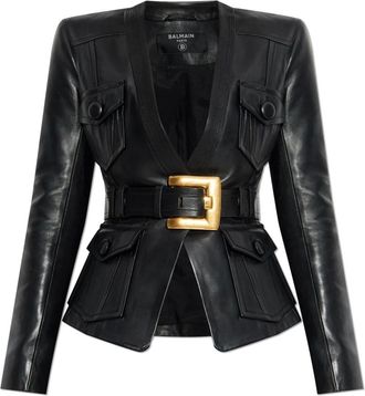 Balmain Femme, Vestes, Noir, Taille: 40 FR Veste en cuir ceintur&eacute;e &agrave; 1 bouton