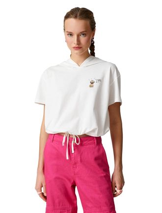 Koton Women Drawstring Hooded Short Sleeve Crop T-Shirt