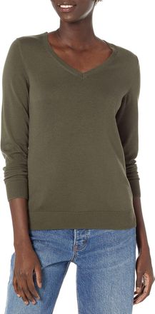 Amazon Essentials Damen Regular-Fit Leichter Langarm-Pullover V-Ausschnitt (In Übergröße Erhältlich), Dunkles Olivgrün Meliert, XXL