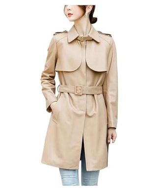 Generic Trench-coat mi-long en cuir v&eacute;ritable pour femme - Veste dhiver en cuir de mouton avec revers crant&eacute;, kaki, L