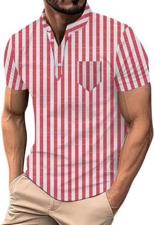 Generic T-shirt ray&eacute; pour homme d&eacute;contract&eacute; et tendance avec bouton et col montant., Rouge, 3XL