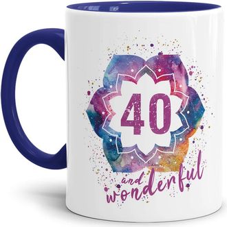 Tassendruck Geburtstags-Tasse 40 and Wonderful Geburtstags-Geschenk zum 40. Geburtstag als Geschenkidee für die Frau/Abstrakt/Bunt/Kaffeetasse/Innen & Henkel Dunk
